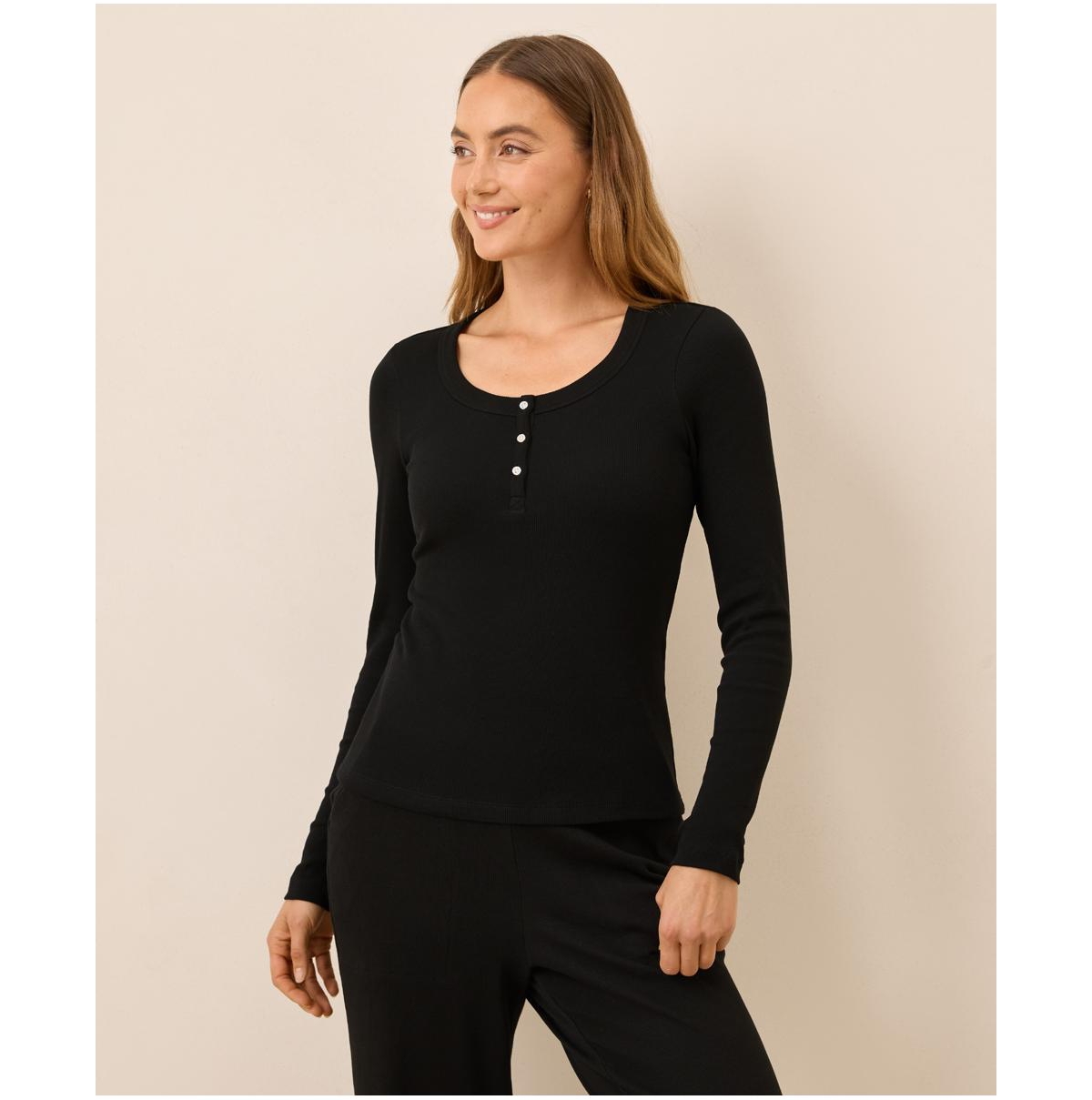 Click here for Pact Womens Dream Rib Slim Henley - Black prices