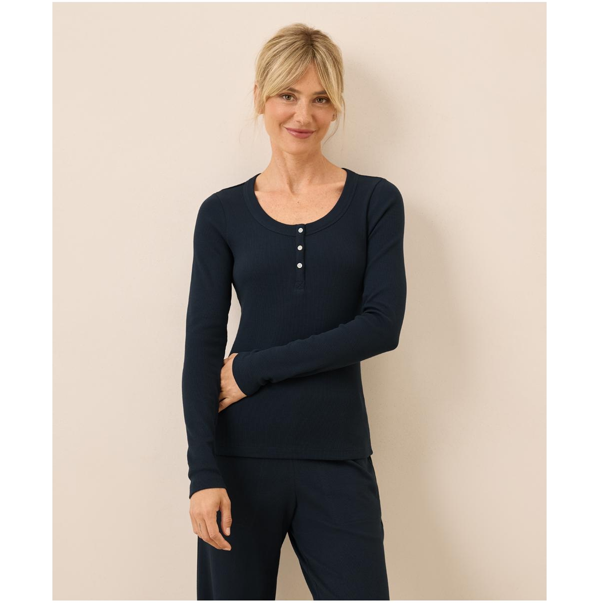 Click here for Pact Womens Dream Rib Slim Henley - Midnight blue prices
