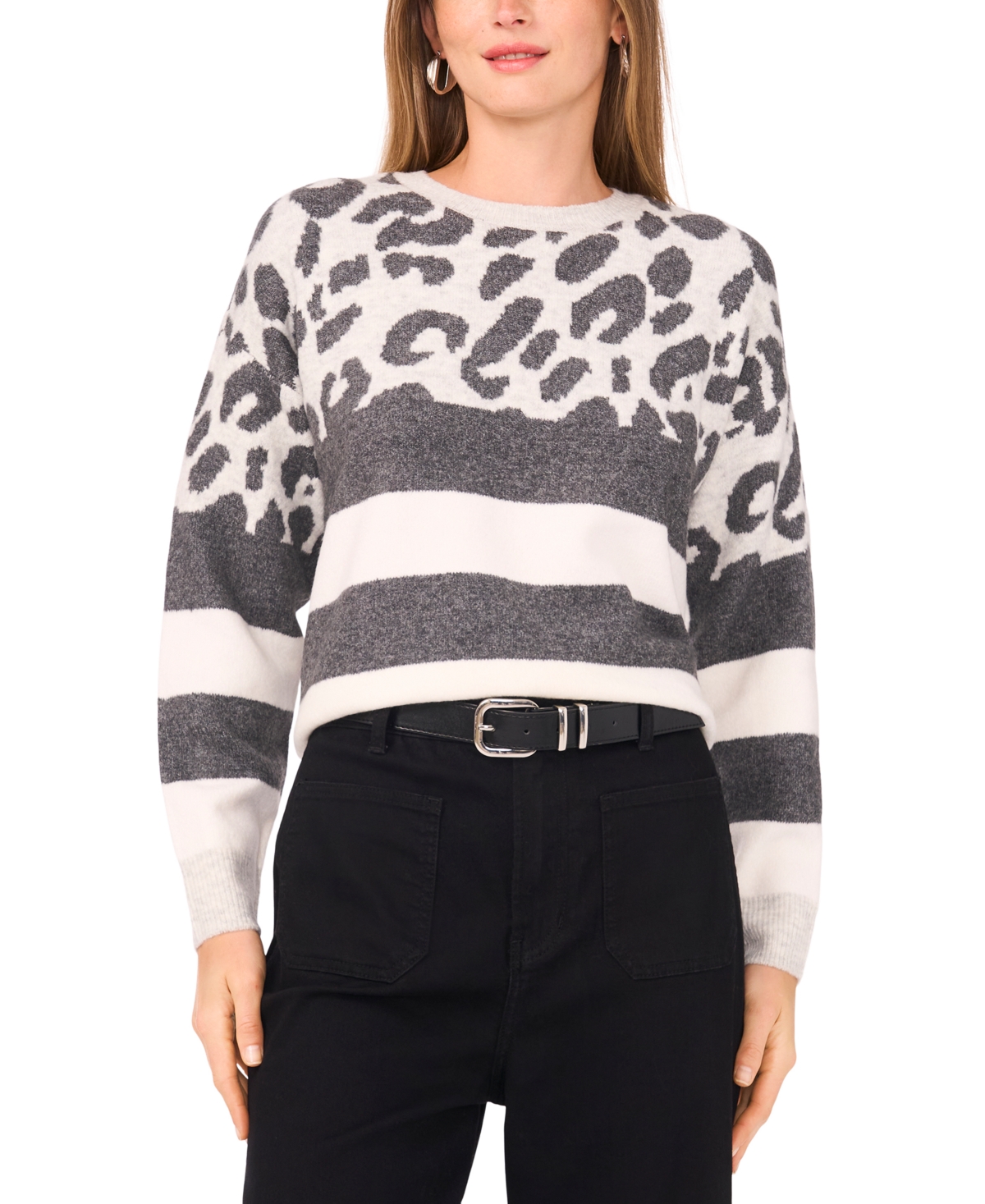 Click here for Vince Camuto Womens Cozy Crewneck Animal-Print Str... prices