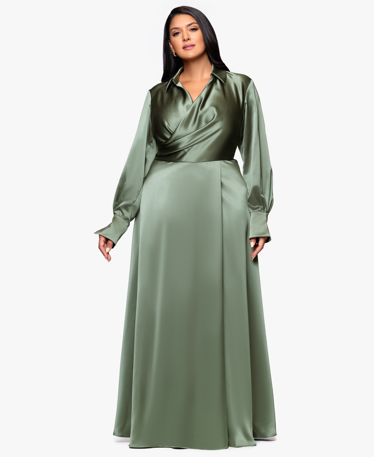 Click here for Xscape Plus Size Collared A-line Maxi Gown - Olive prices