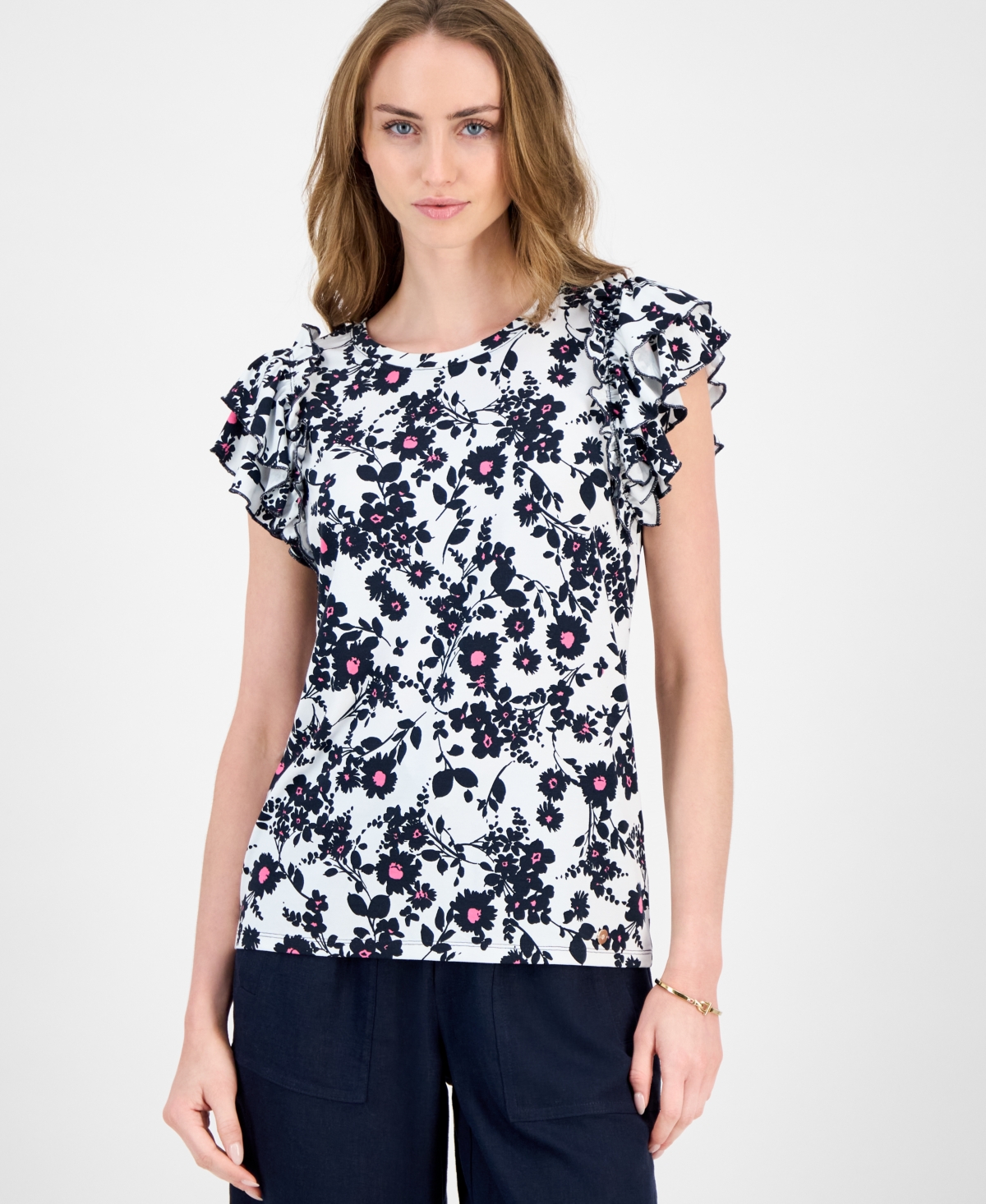 Click here for Tommy Hilfiger Womens Floral Ruffled Cap-Sleeve To... prices