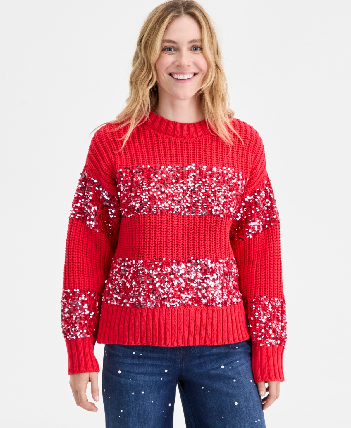 Click here for On 34th Womens Sequin Stripe Crewneck Sweater  Mac... prices