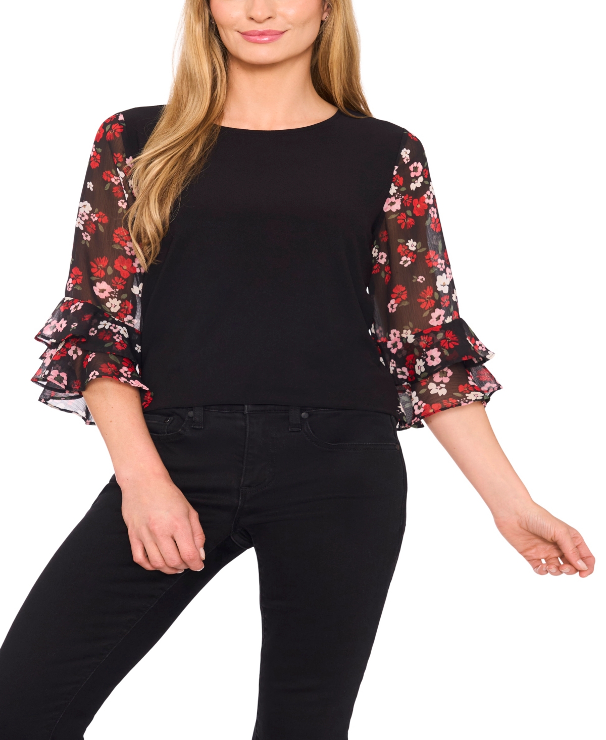 Click here for Cece Womens Double Ruffle 3/4 Sleeve Mixed Media T... prices