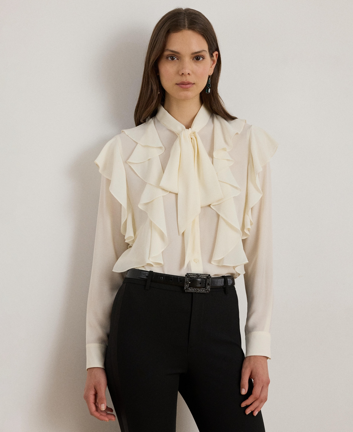 Lauren Ralph Lauren Womens Ruffle Detail Tie-Neck Blouse - Mascarpone Cream