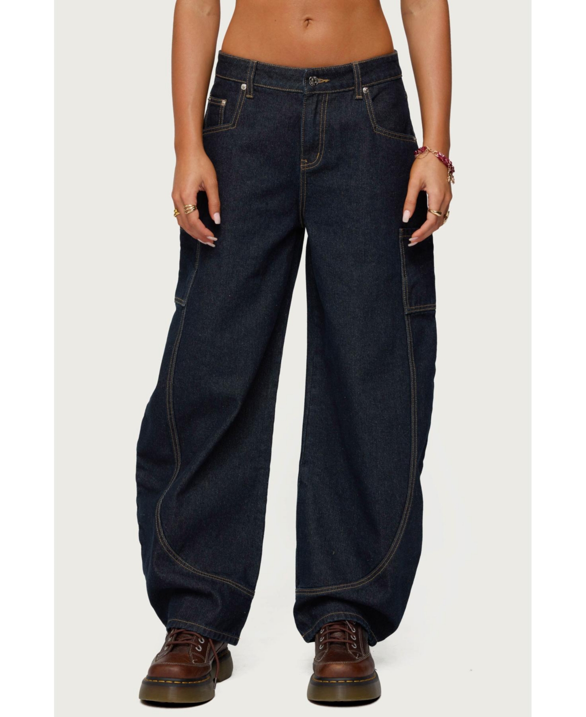 Click here for Edikted Womens Aden Contrast Stitch Barrel Jeans -... prices