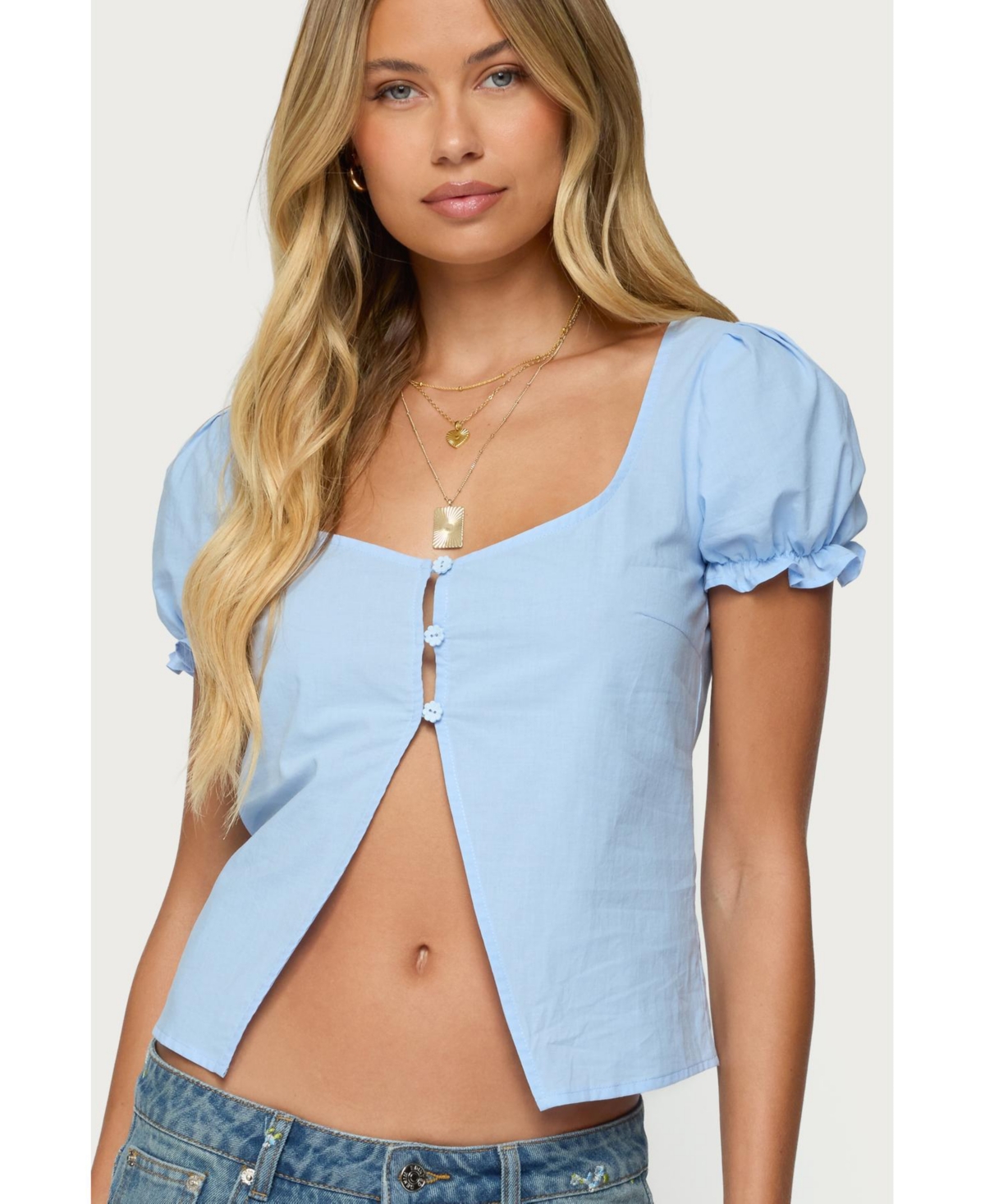 Click here for Edikted Womens Dorothea Split Front Top - Blue prices