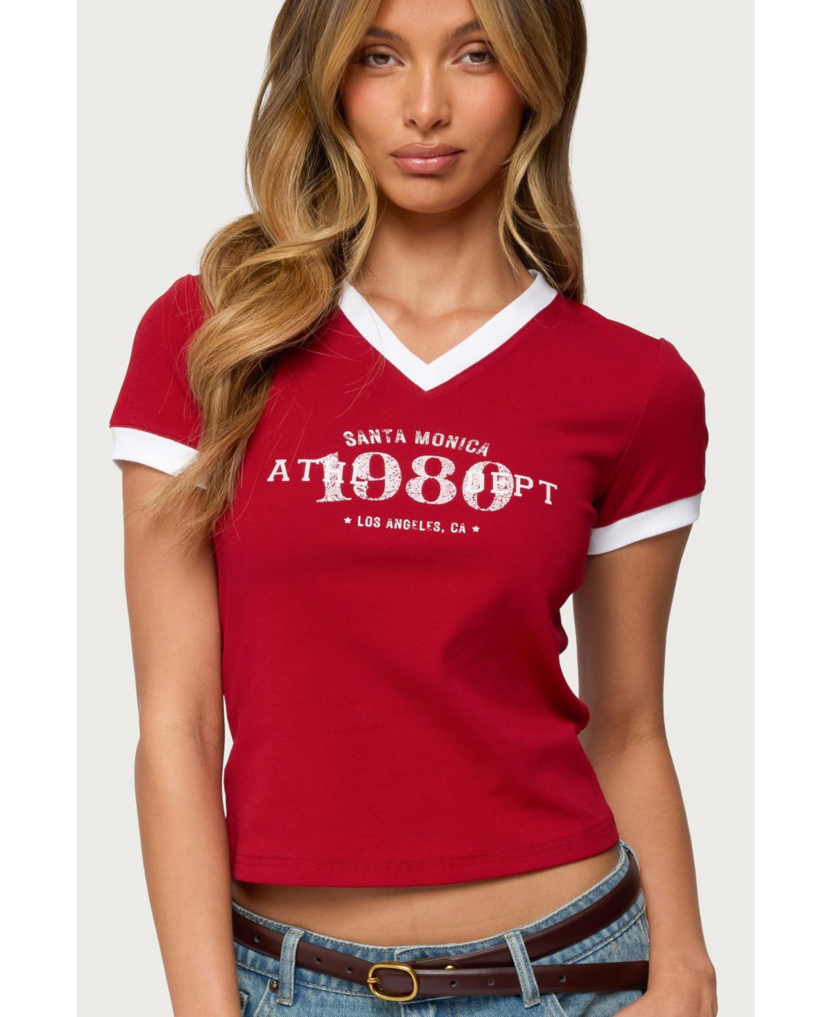 Click here for Edikted Womens Santa Monica V Neck T Shirt - Red prices