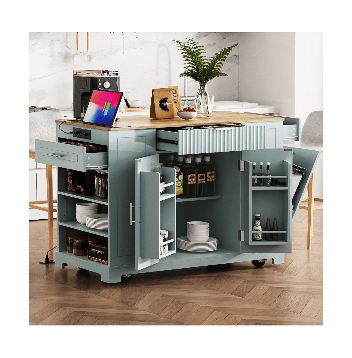 Click here for Rolling Kitchen Island with Trash Bin Cabinet  Pow... prices