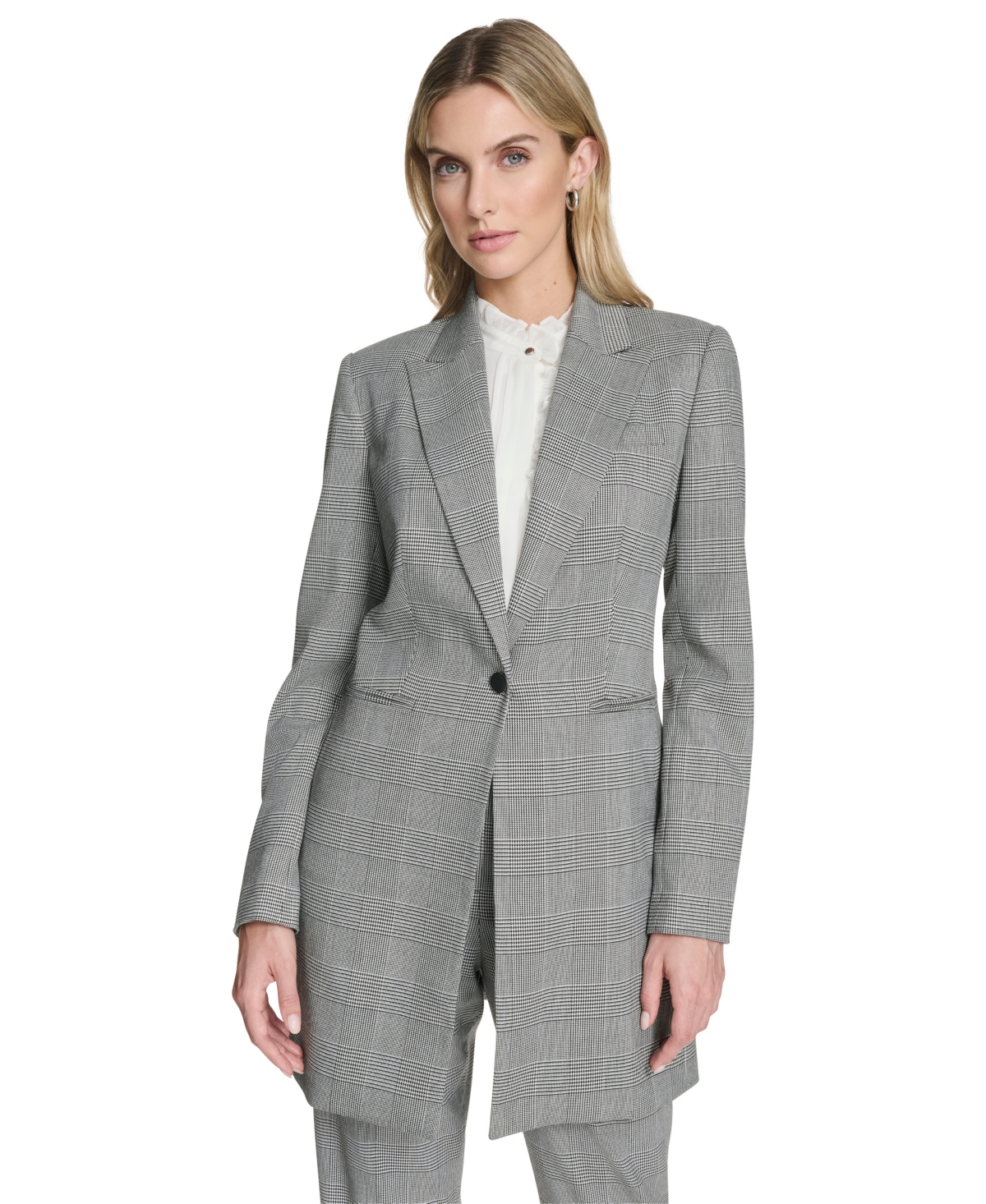 Calvin Klein Womens Houndstooth One-Button Long Jacket - Black/cream