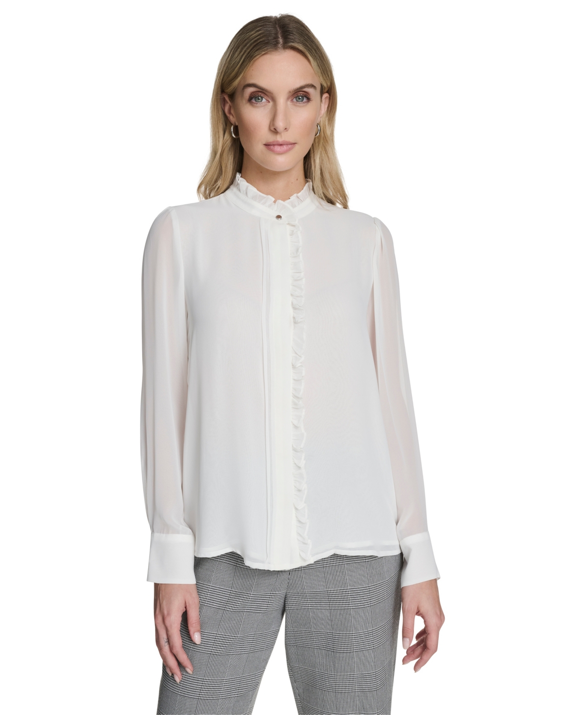 Click here for Calvin Klein Womens Ruffle-Front Blouse - Cream prices