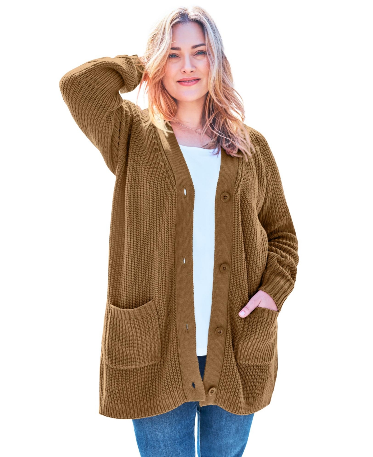 Click here for Woman Within Womens Within Button-Front Shaker Car... prices