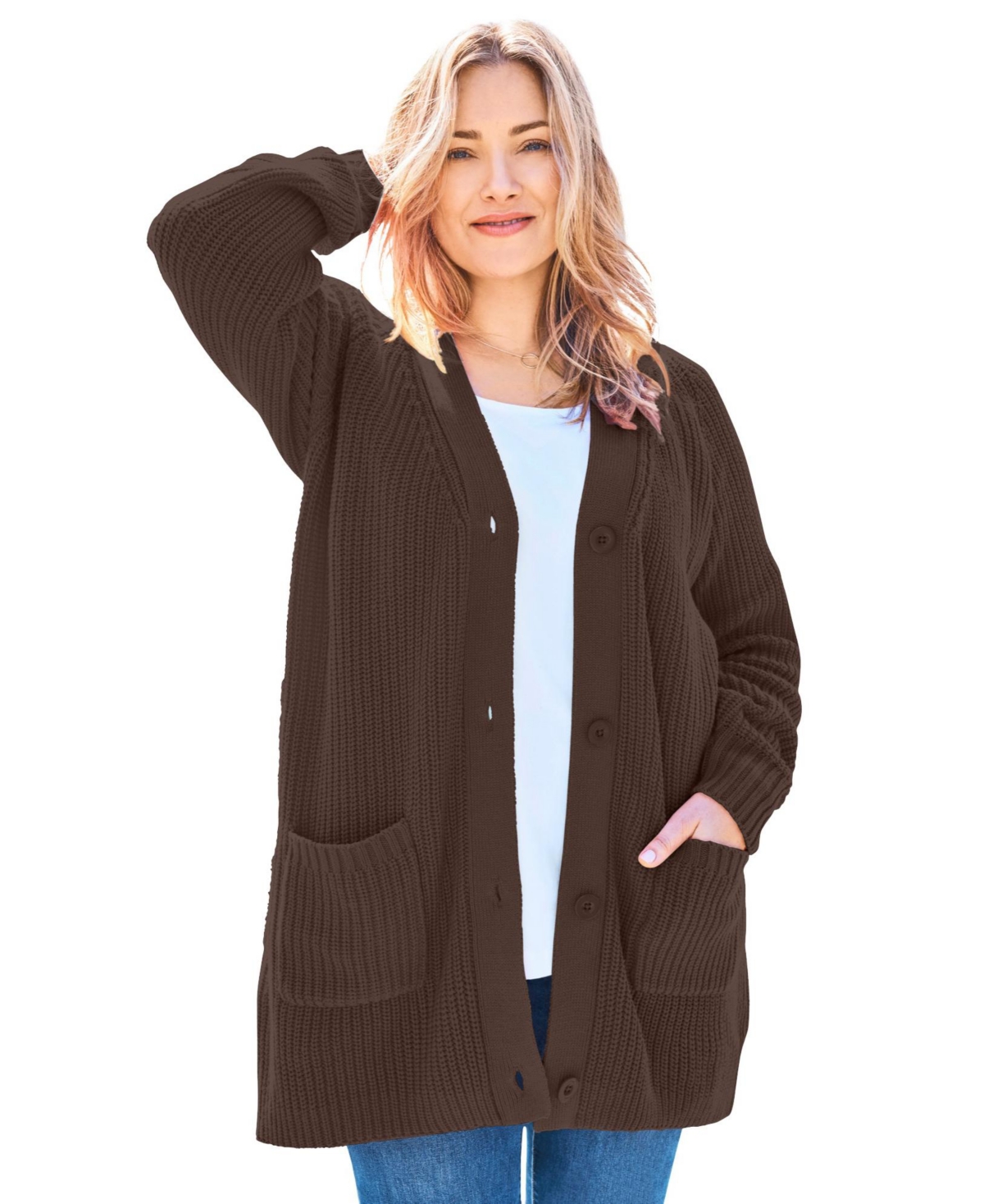 Click here for Woman Within Womens Within Button-Front Shaker Car... prices
