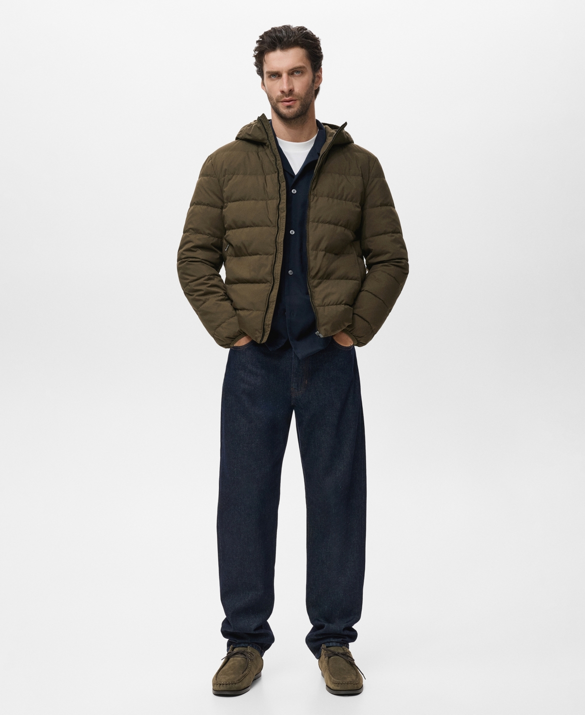 Click here for Mango Mens Feather Filling Quilted Jacket - Olive... prices