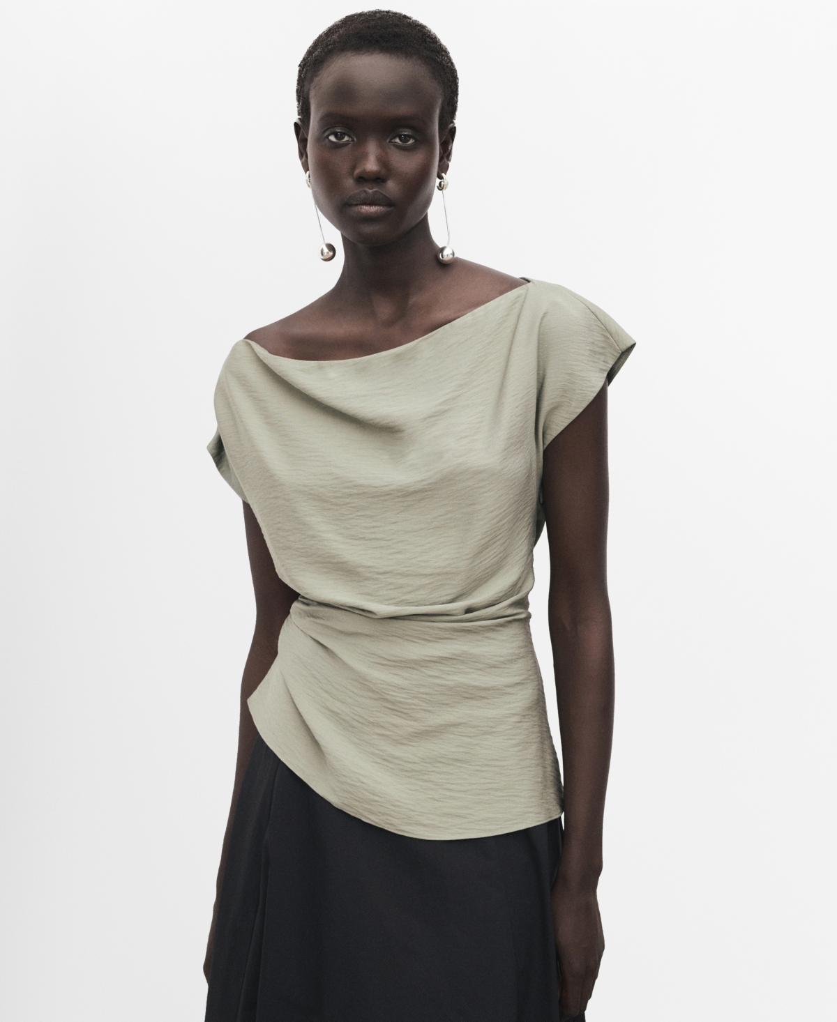 Click here for Mango Womens Asymmetrical Collar Modal Blouse - Aq... prices