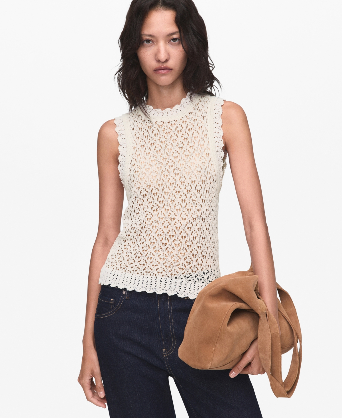 Click here for Mango Womens Openwork Knit Top - Ecru prices