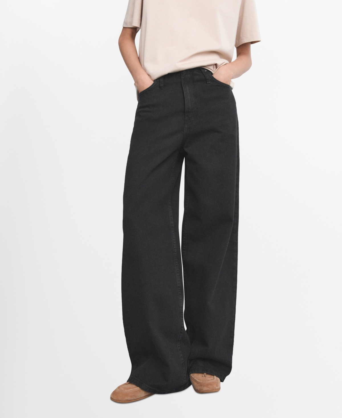 Click here for Mango Womens Wide Leg Mid-Rise Jeans - Black Denim prices