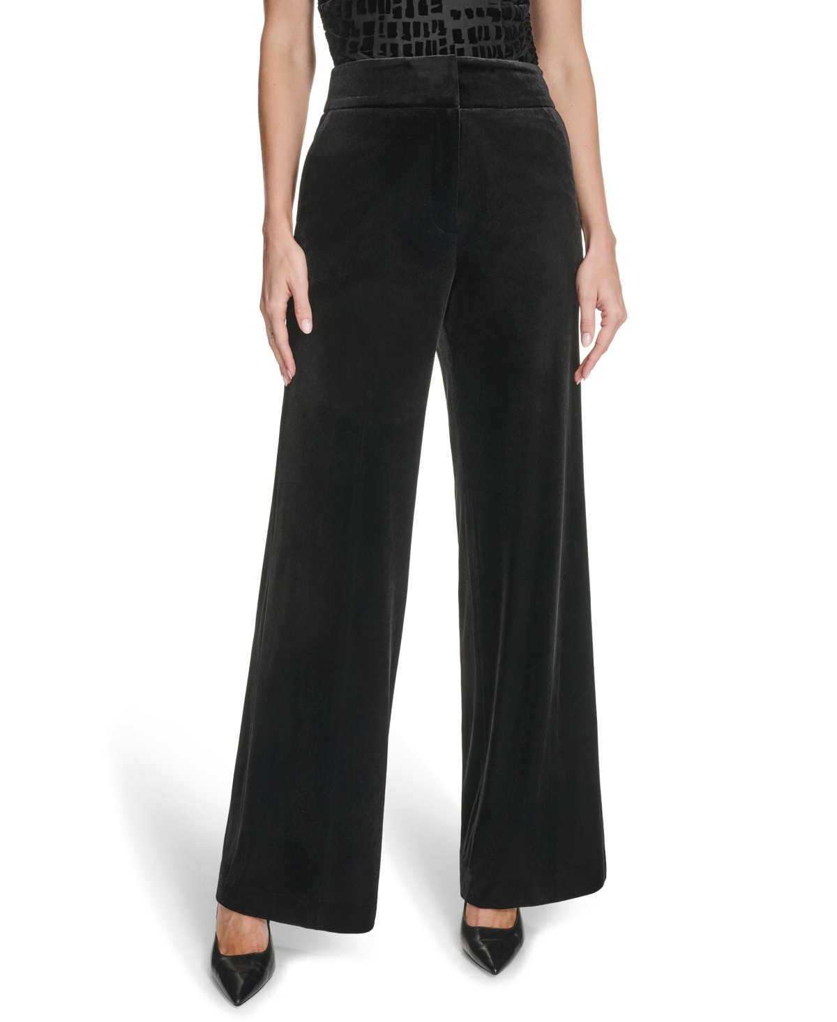 Click here for Calvin Klein Petite Wide Leg Mid-Rise Pants - Blac... prices
