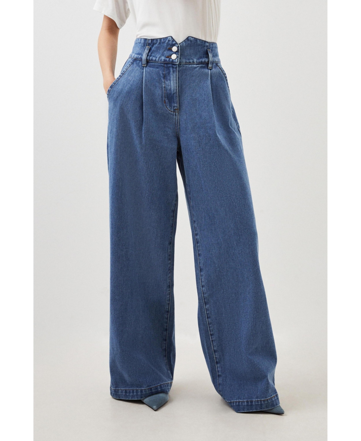 Click here for Karen Millen Petite Denim Wide Leg Pants - Mid blu... prices