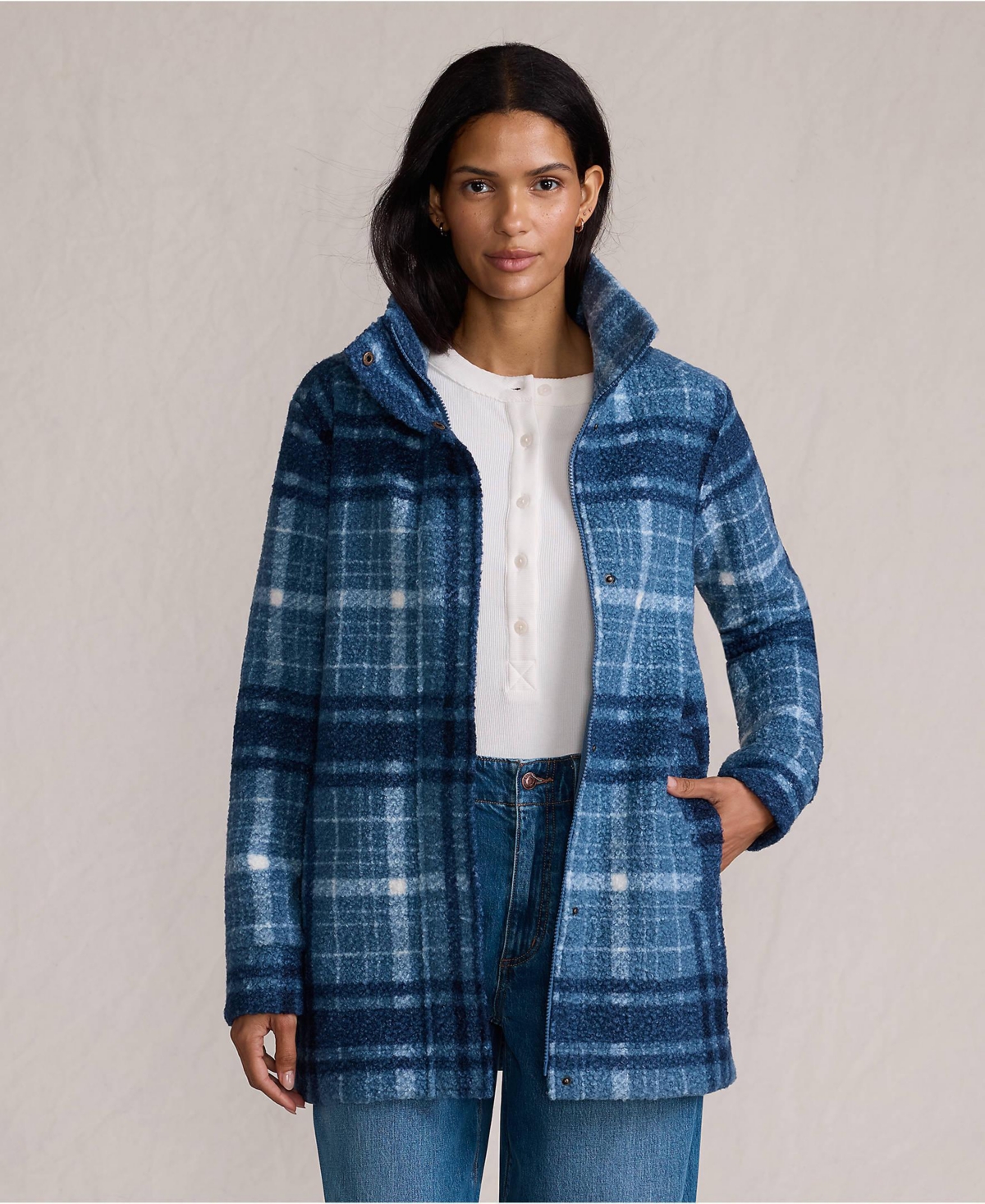 Click here for Lands End Womens Print Boucle Fleece Coat - Indigo... prices