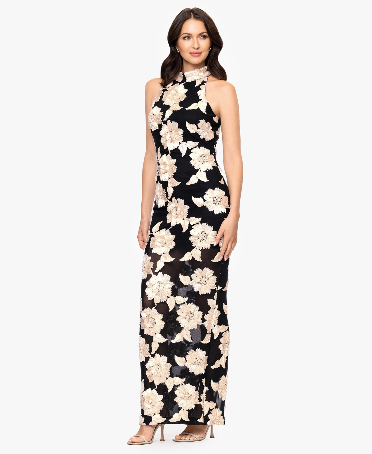 Betsy & Adam Womens Floral Soutache Embroidered Dress - Black/Champagne