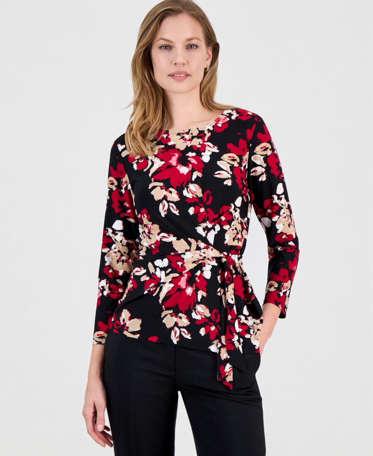 Click here for Kasper Womens Printed 3/4-Sleeve Side-Tie Top - Bl... prices