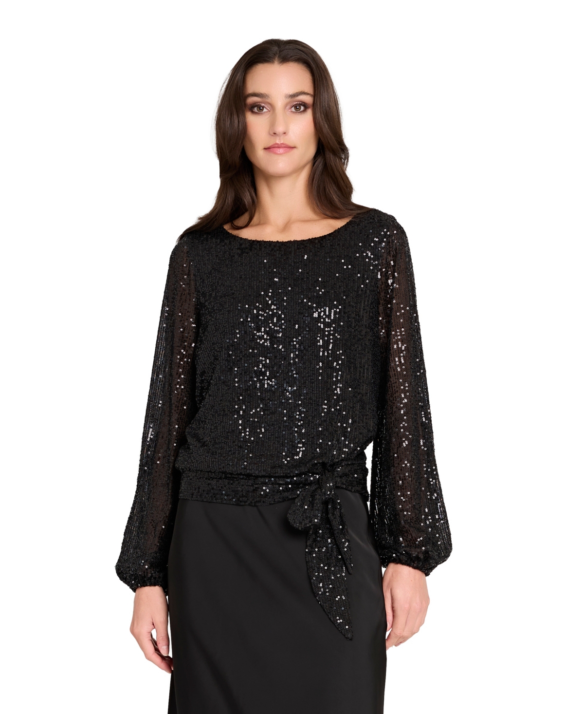 Click here for Tahari Asl Petite Sequin Tie-Hem Top - Black prices