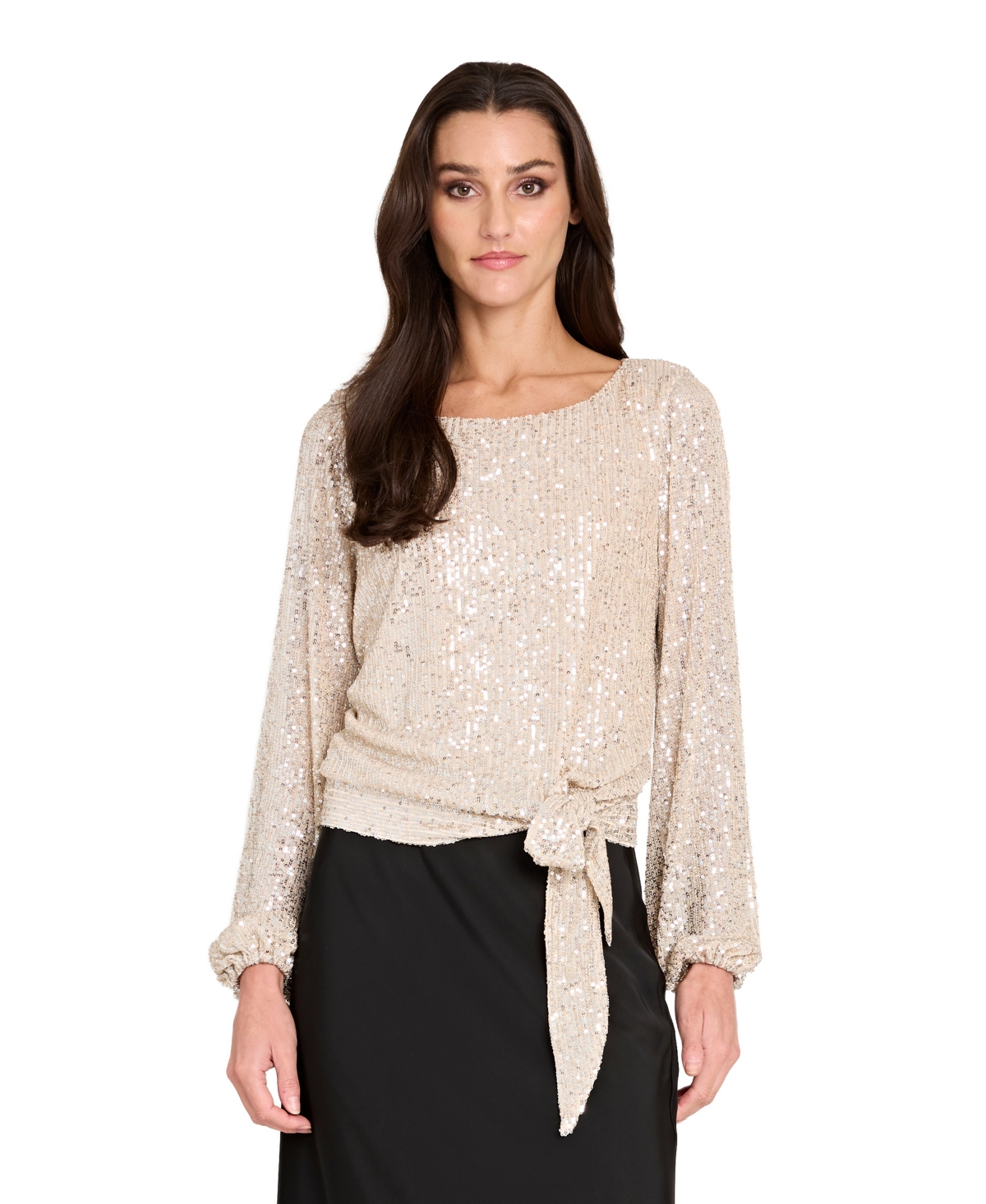 Click here for Tahari Asl Petite Sequin Tie-Hem Top - Nude Silver prices