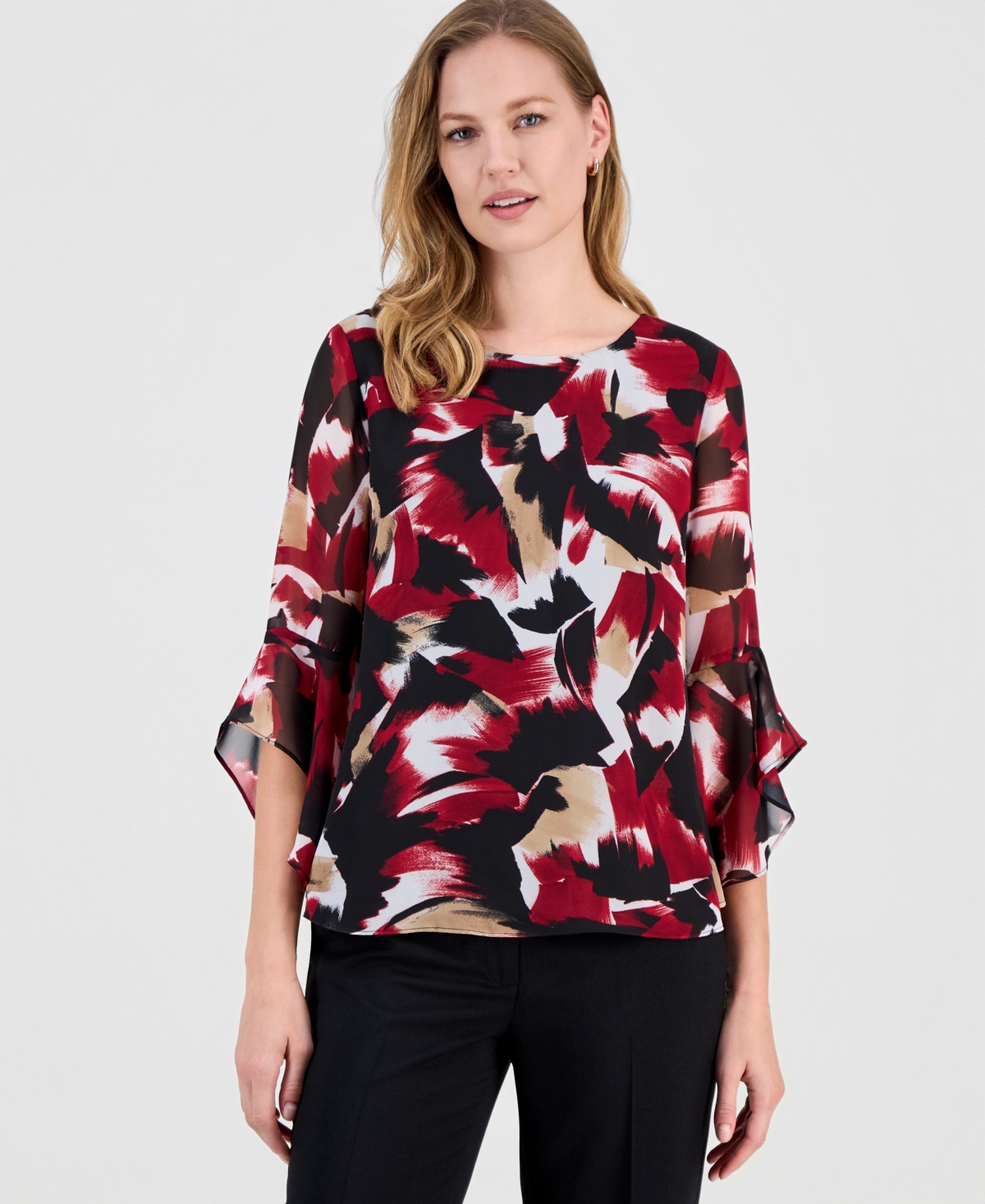 Click here for Kasper Petite Printed Chiffon 3/4-Sleeve Top - Bla... prices