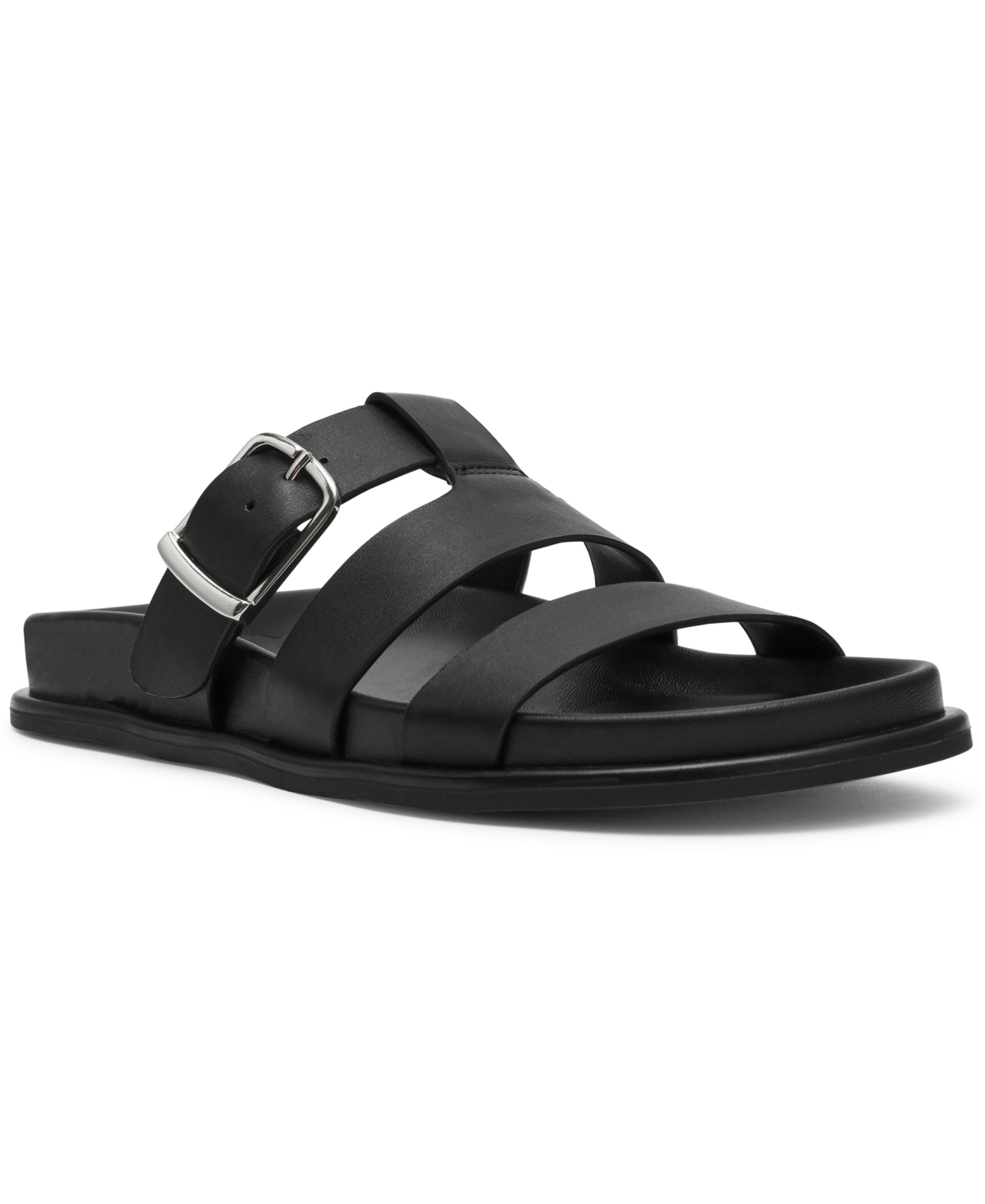 Steve Madden Womens Amaro Strappy Footbed Slide Sandals - Black Leather