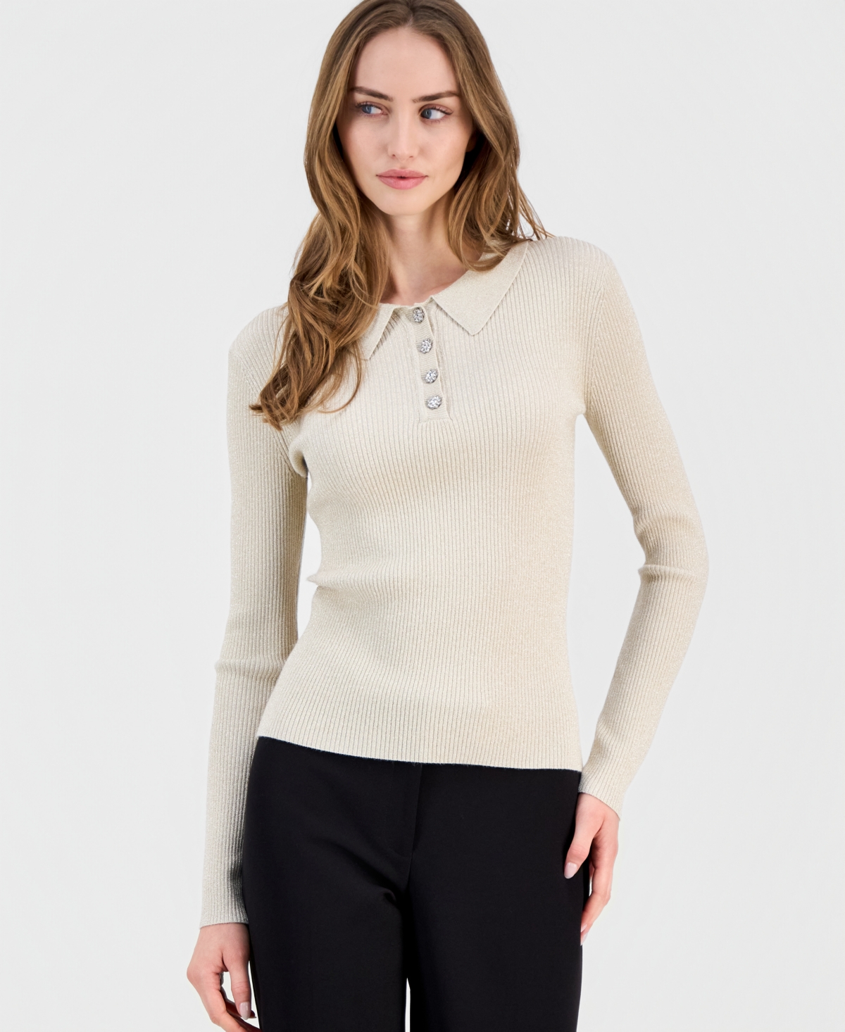 T Tahari Womens Collared Ribbed Metallic Top - Gilded Sand / Gold Lurex