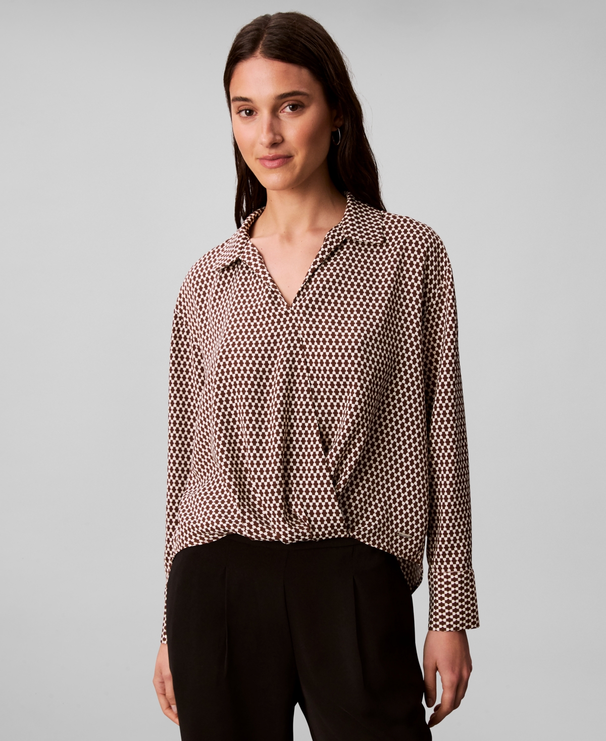 Calvin Klein Womens Printed Crepe Long Sleeve Top - Beige/Brown Print