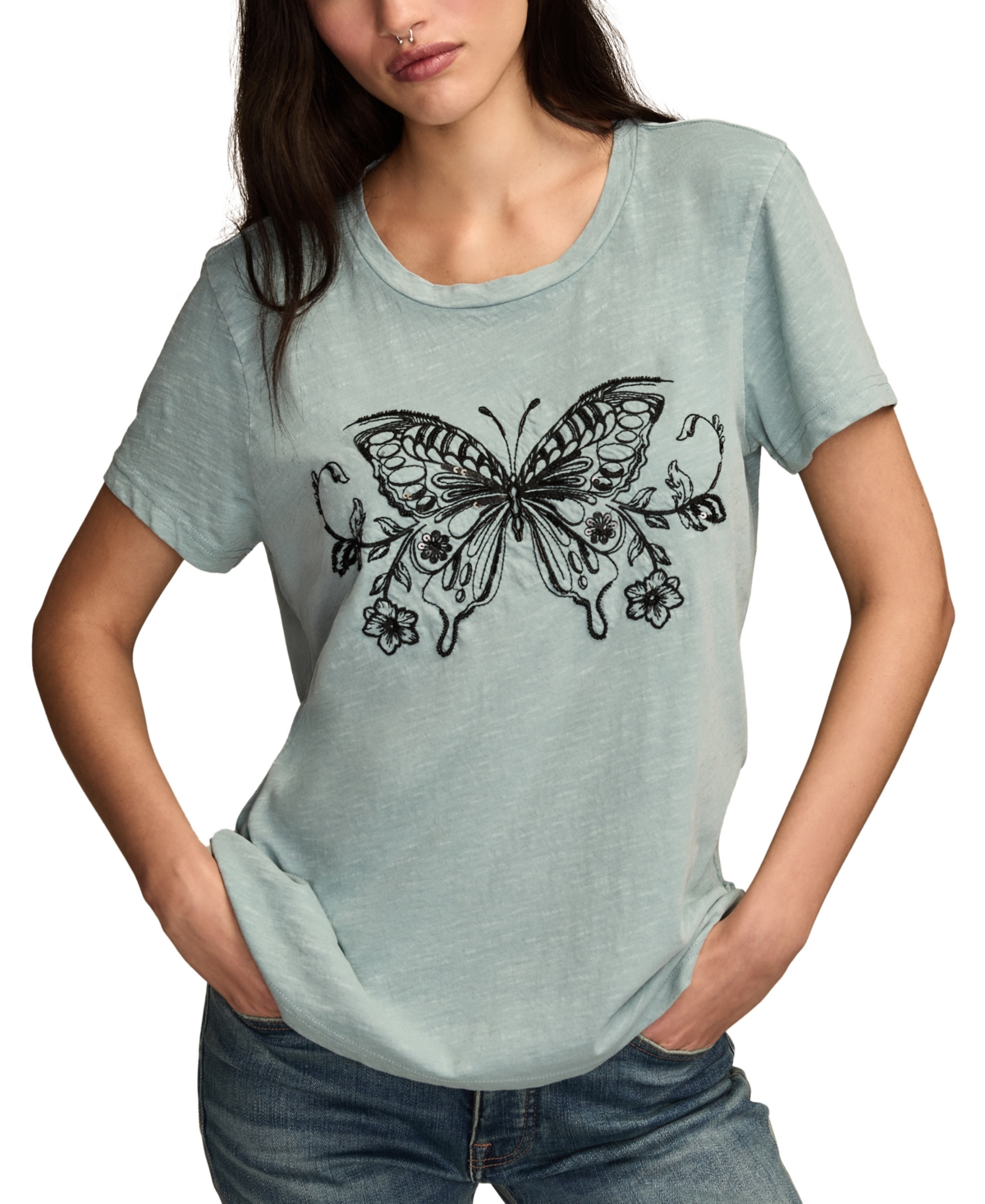Lucky Brand Womens Linear Butterfly Classic Crew Neck T-Shirt - Arona