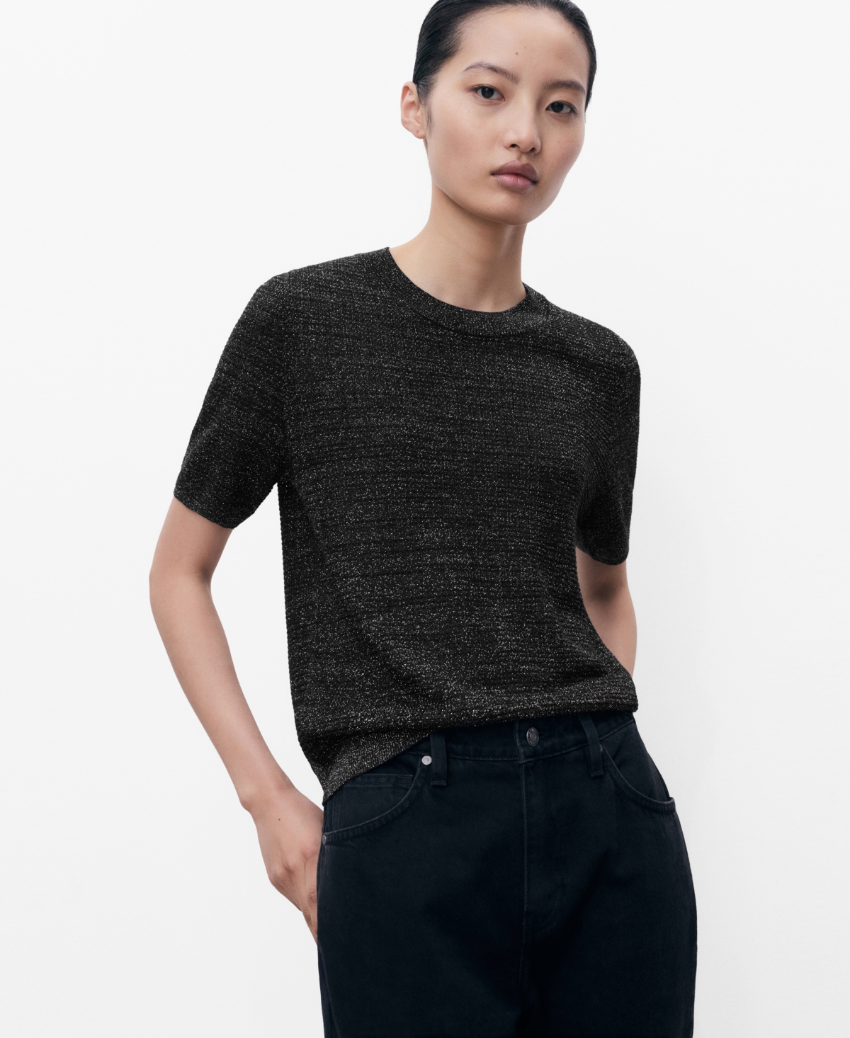 Mango Womens Short-Sleeved Lurex Sweater - Black