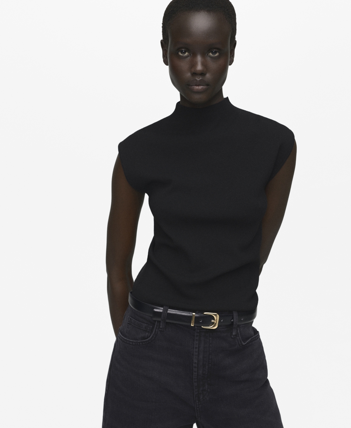 Click here for Mango Womens Perkins-Neck Knitted Top - Black prices