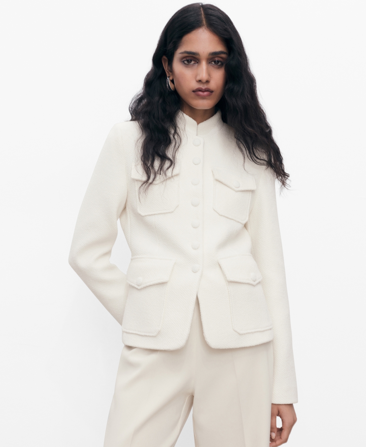 Click here for Mango Womens Pockets Boucle Jacket - White prices