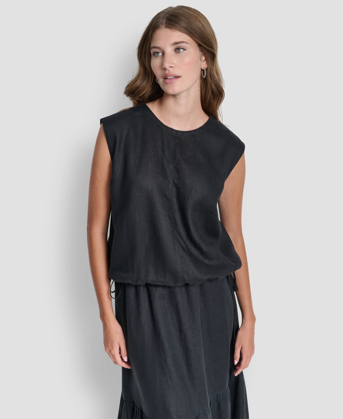 Click here for Dkny Womens Drawstring Hem Sleeveless Top - Black prices