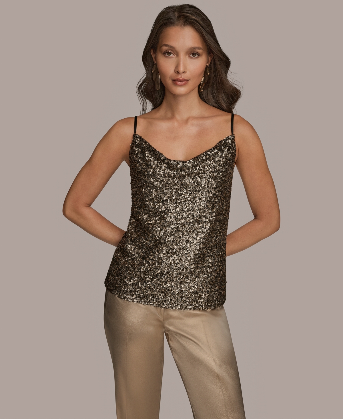 Donna Karan New York Womens Metallic Sequin Camisole Top - Gold Multi