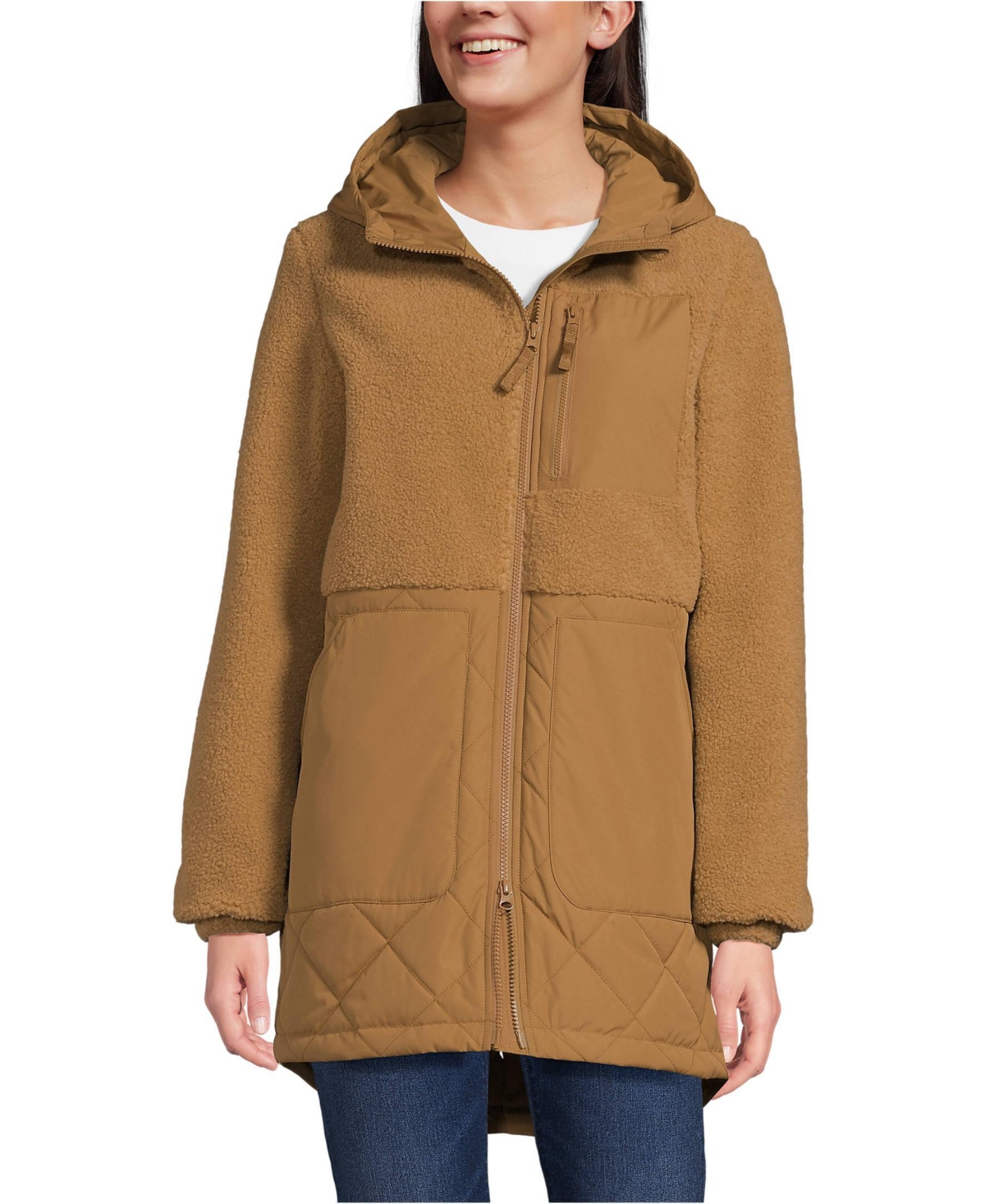 Lands End Womens High Pile Fleece Quilted Mixed Media Parka - Canyon camel