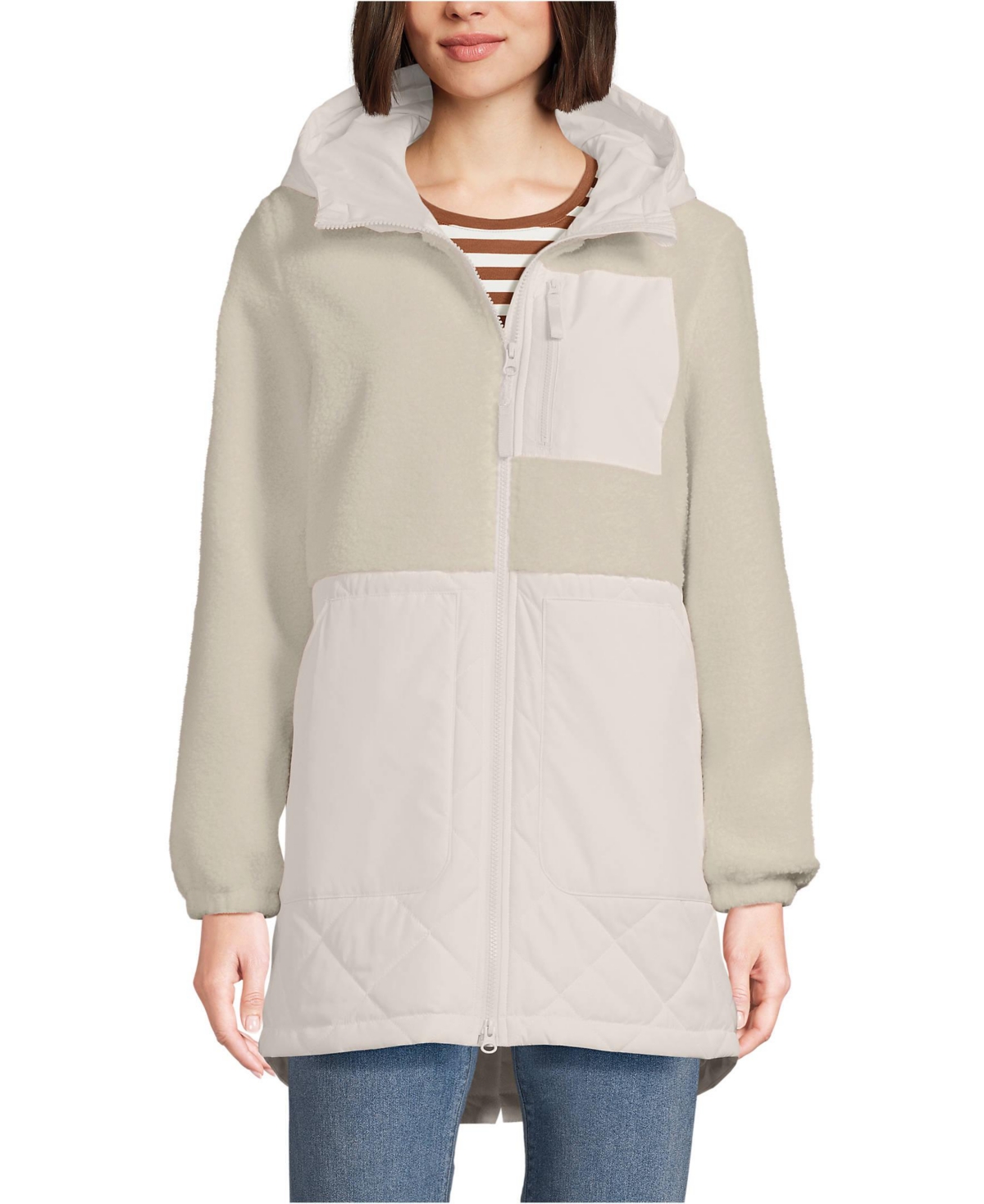 Lands End Womens High Pile Fleece Quilted Mixed Media Parka - Egret white