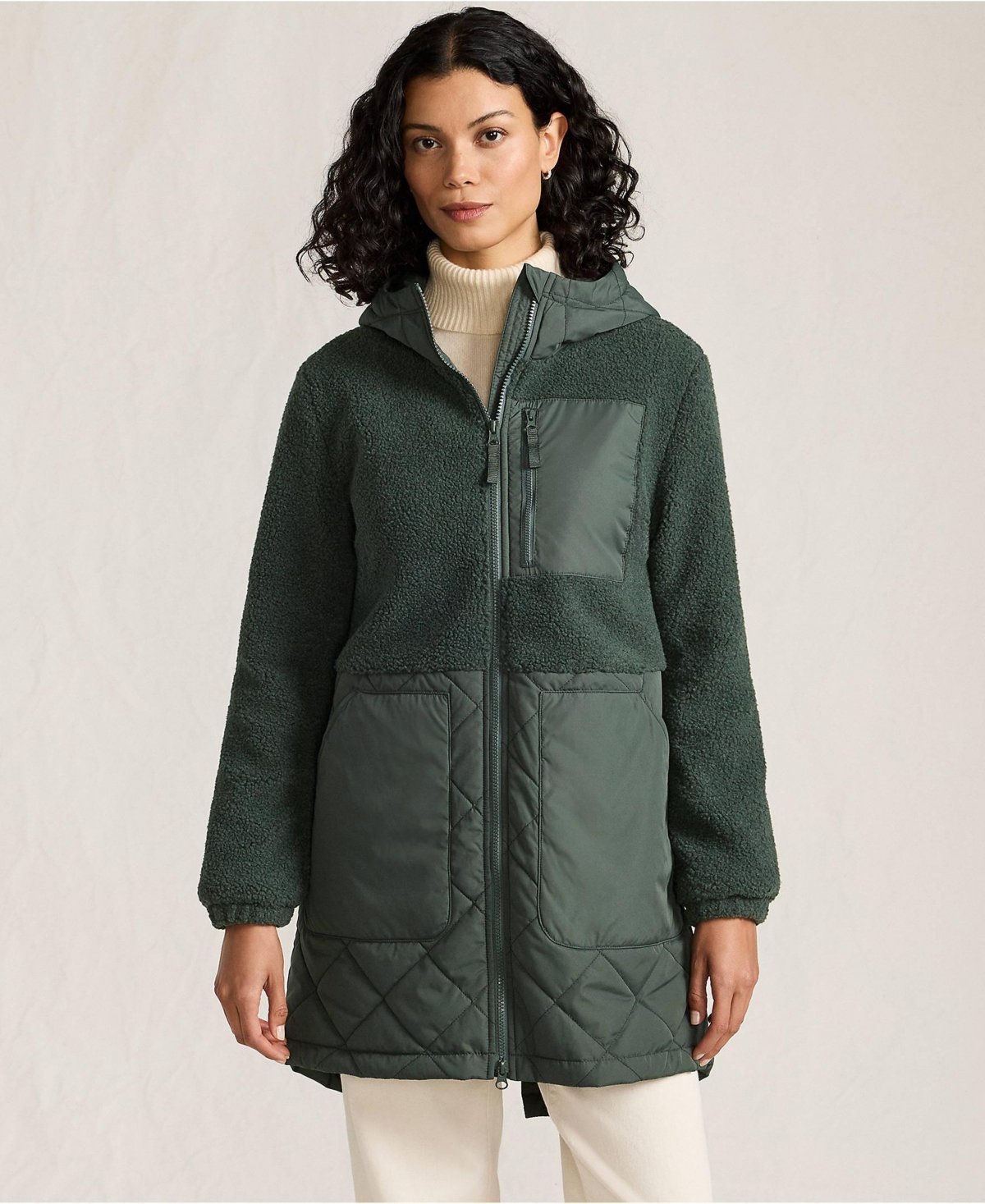 Lands End Womens High Pile Fleece Quilted Mixed Media Parka - Evening forest