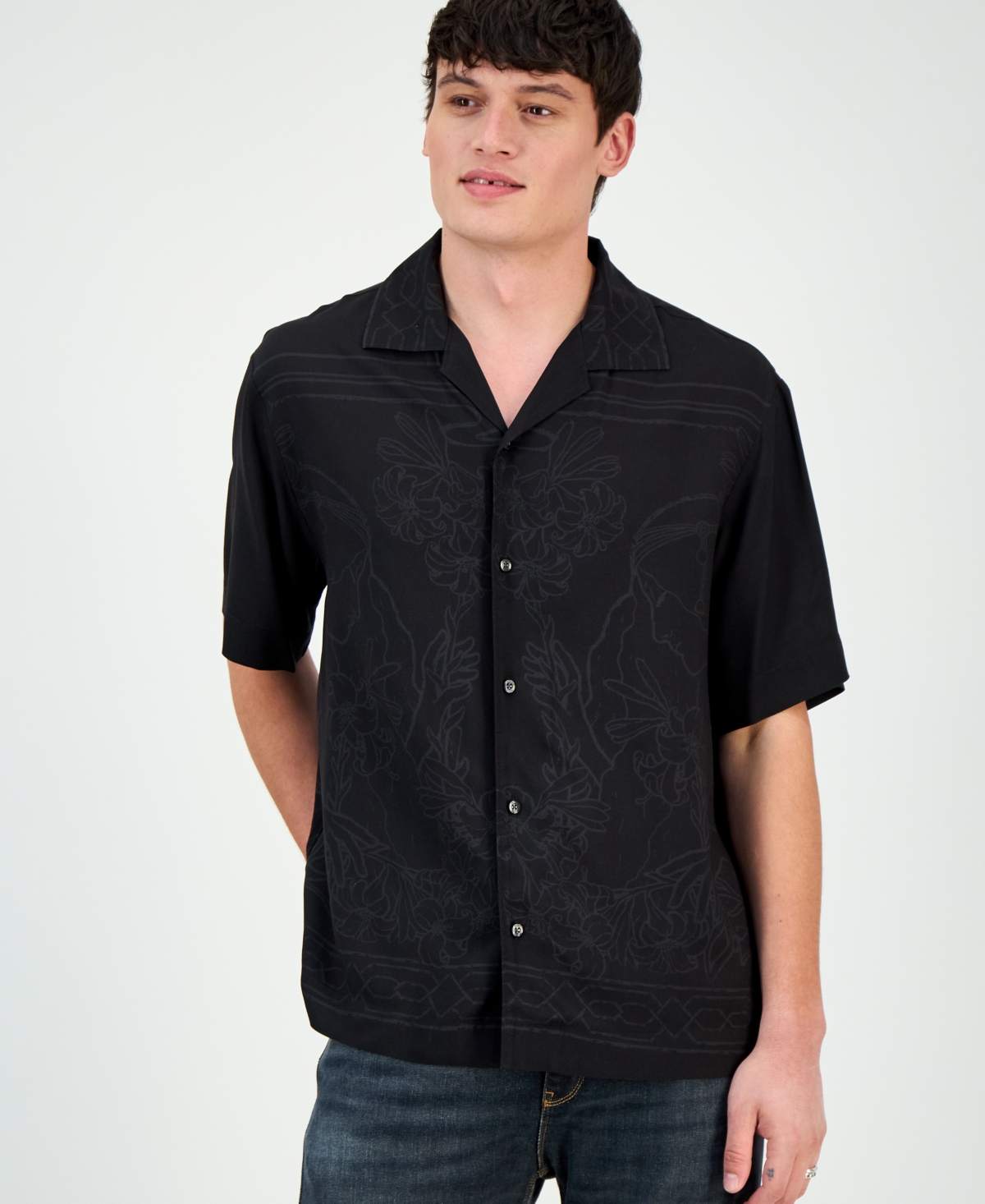 Hugo Boss Mens Espino Tonal-Print Regular-Fit Camp Shirt - Black