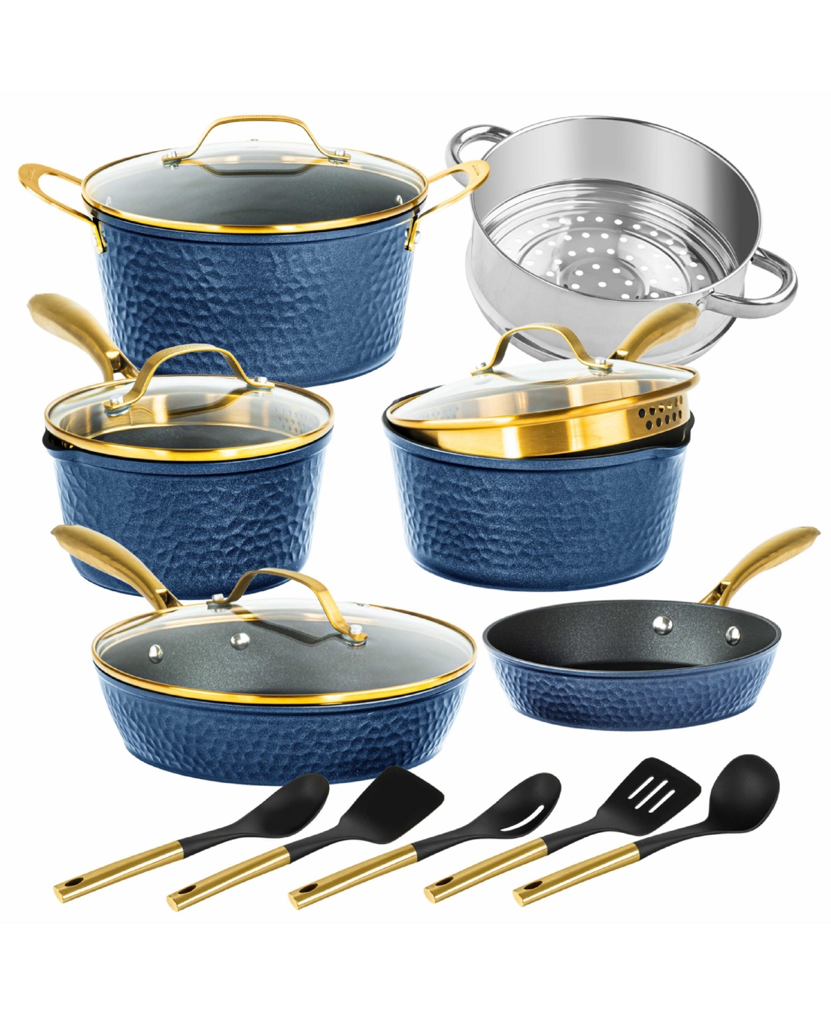 Charleston Collection 15-Piece Hammered Ceramic Coating Nonstick Cookware Set - Navy