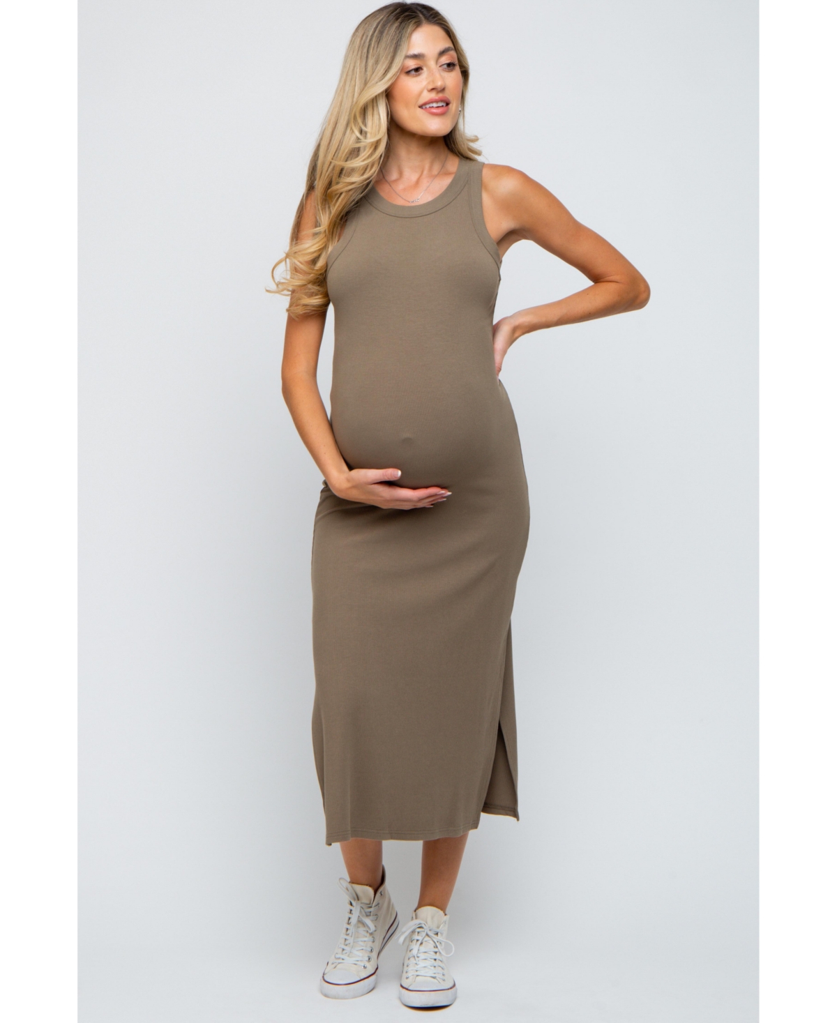 Click here for Pinkblush Maternity Taupe Ribbed Side Slit Tank Dr... prices