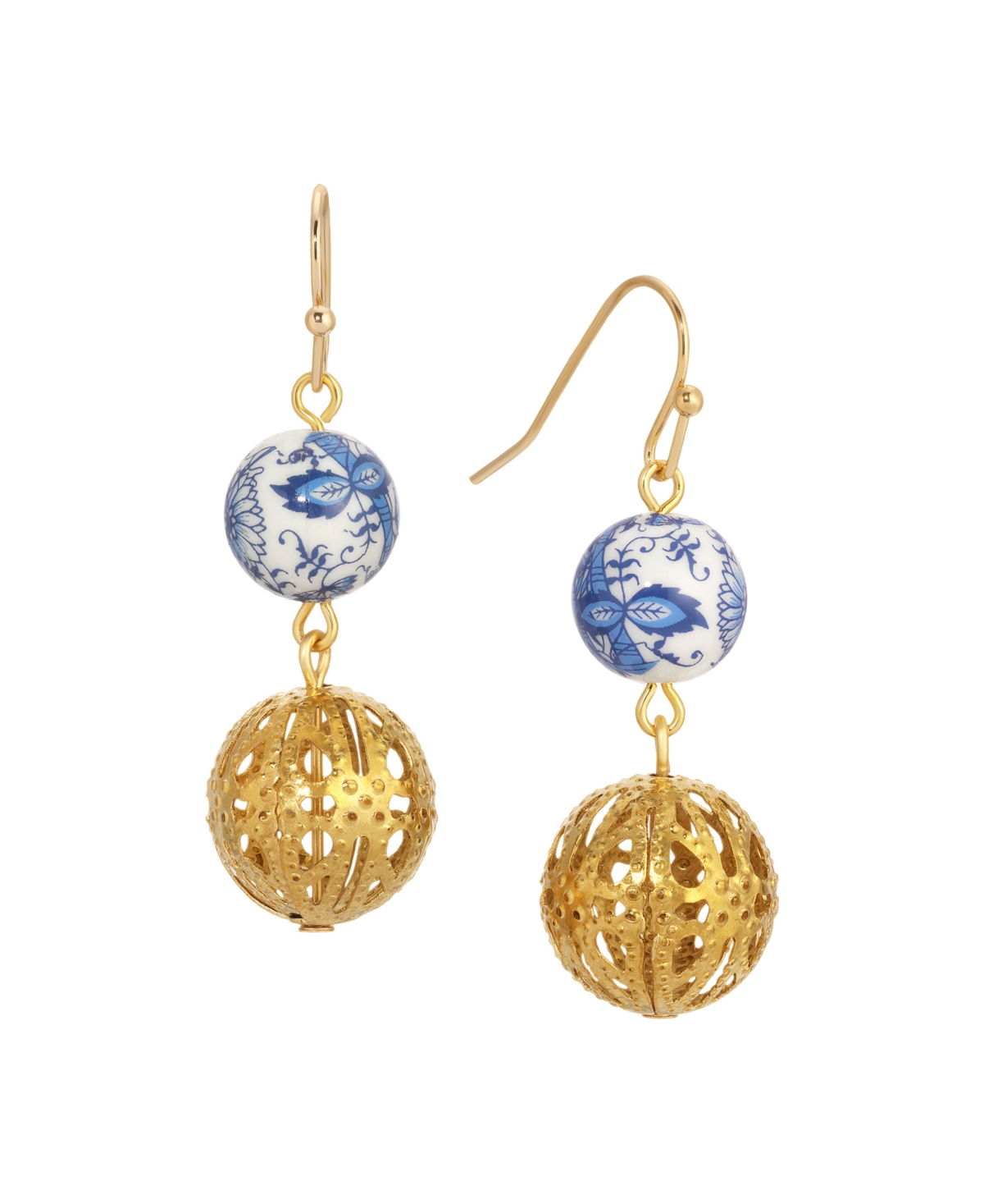 Click here for 2028 Gold Tone Blue Willow Bead Drop Earrings - Bl... prices
