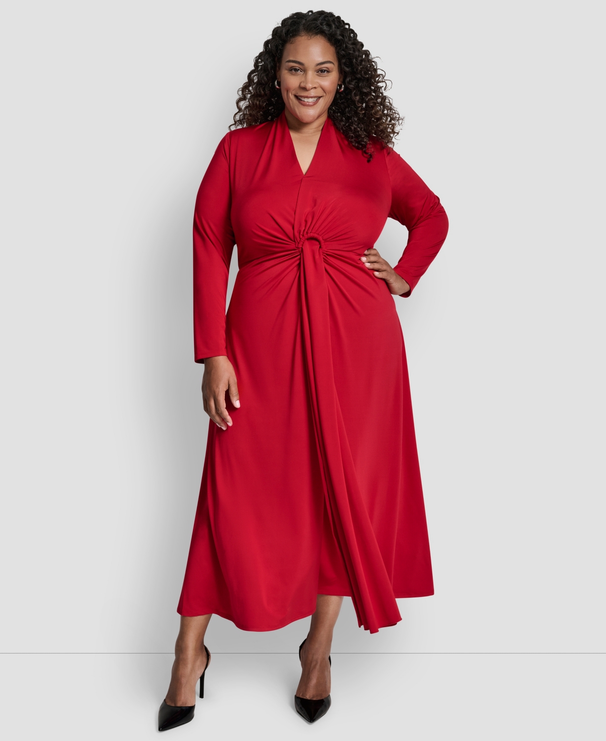 Click here for Dkny Plus Size Long Sleeve O-Ring Maxi Dress - Red prices