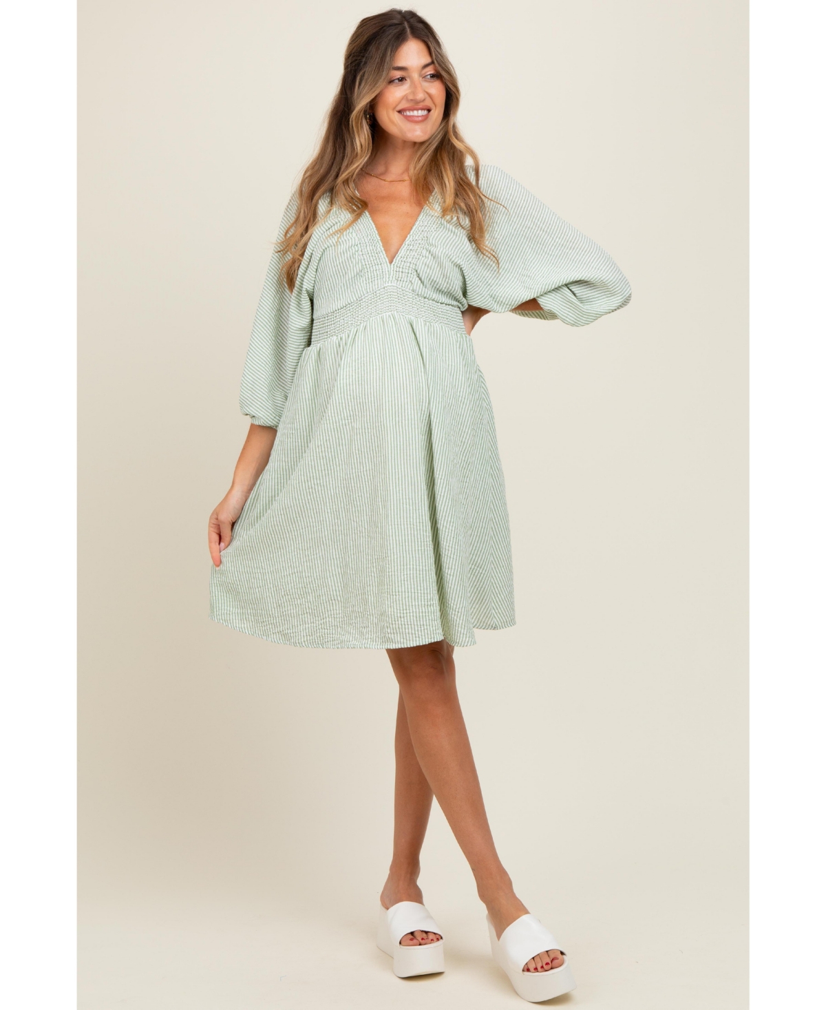 Click here for Pinkblush Maternity Sage Striped Balloon Sleeve V-... prices