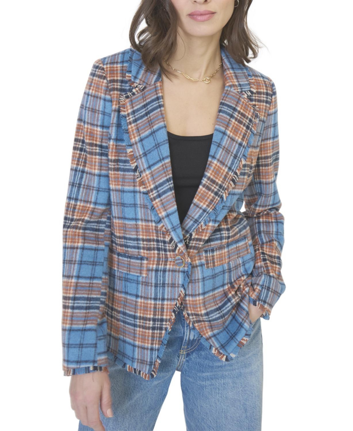Click here for Central Park West Womens Elyse Plaid Fringe Blazer... prices