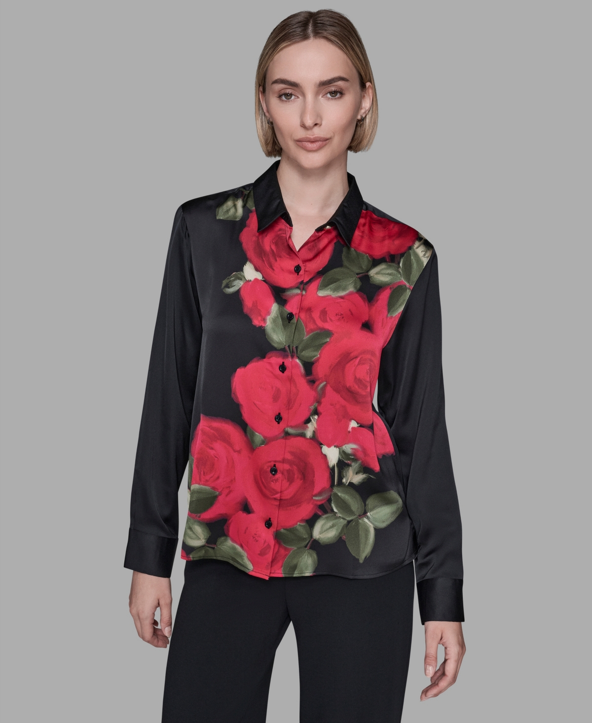 Karl Lagerfeld Paris Womens Collar Floral Print Top - Black