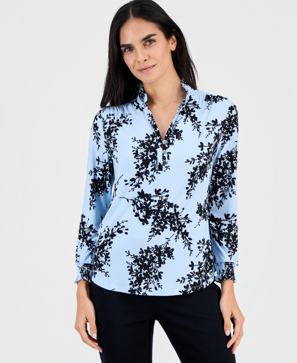 Click here for Ak Anne Klein Petite Ruffled-Neck Smocked-Cuff Top... prices