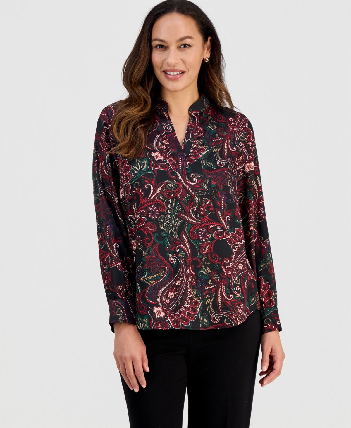 Click here for Jones New York Petite Printed Long-Sleeve Blouse -... prices